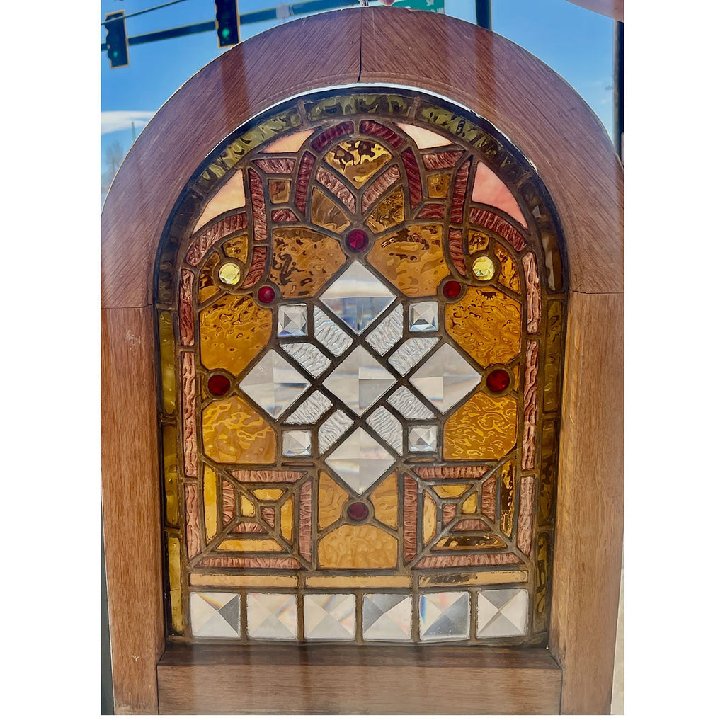 American Aesthetic Movement Stained, Leaded Glass Oak Frame Arched Window