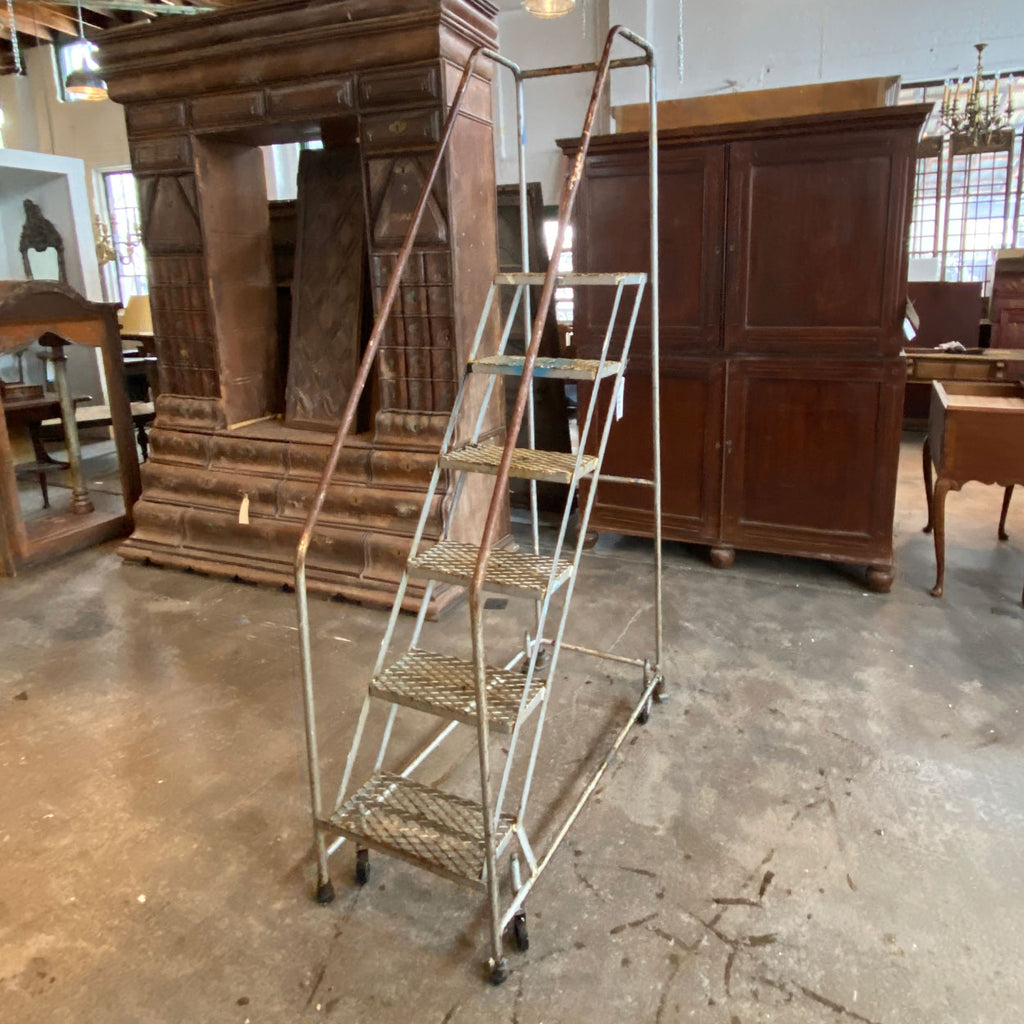 Vintage American Ballymore Co. Industrial Steel Rolling Ladder